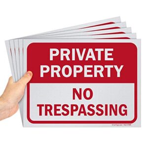 smartsign private property no trespassing sign, 9" x 12" polystyrene plastic (pack of 5) screen printed, 10 mil polystyrene plastic, red and white