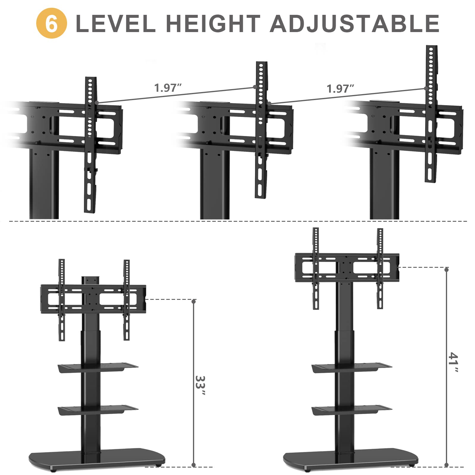 TVON Universal TV Floor Stand with Swivel Mount Height Adjustable for 32-65 Inch Flat or Curved Screen TVs, 3-Shelf Tempered Glass Base for Media Storage, Cable Management, VESA 400x400 mm