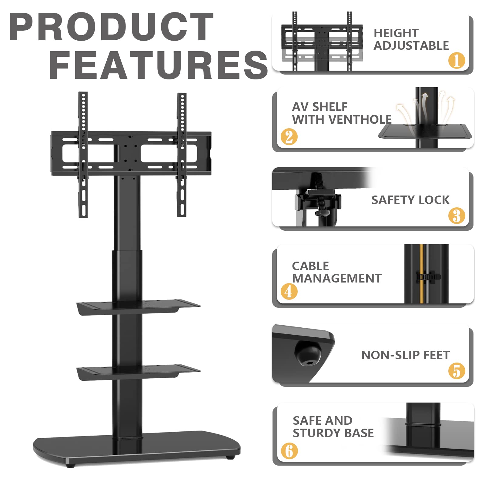 TVON Universal TV Floor Stand with Swivel Mount Height Adjustable for 32-65 Inch Flat or Curved Screen TVs, 3-Shelf Tempered Glass Base for Media Storage, Cable Management, VESA 400x400 mm