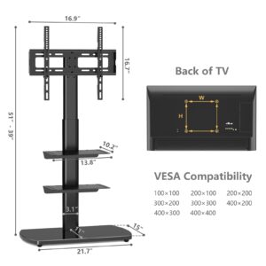 TVON Universal TV Floor Stand with Swivel Mount Height Adjustable for 32-65 Inch Flat or Curved Screen TVs, 3-Shelf Tempered Glass Base for Media Storage, Cable Management, VESA 400x400 mm