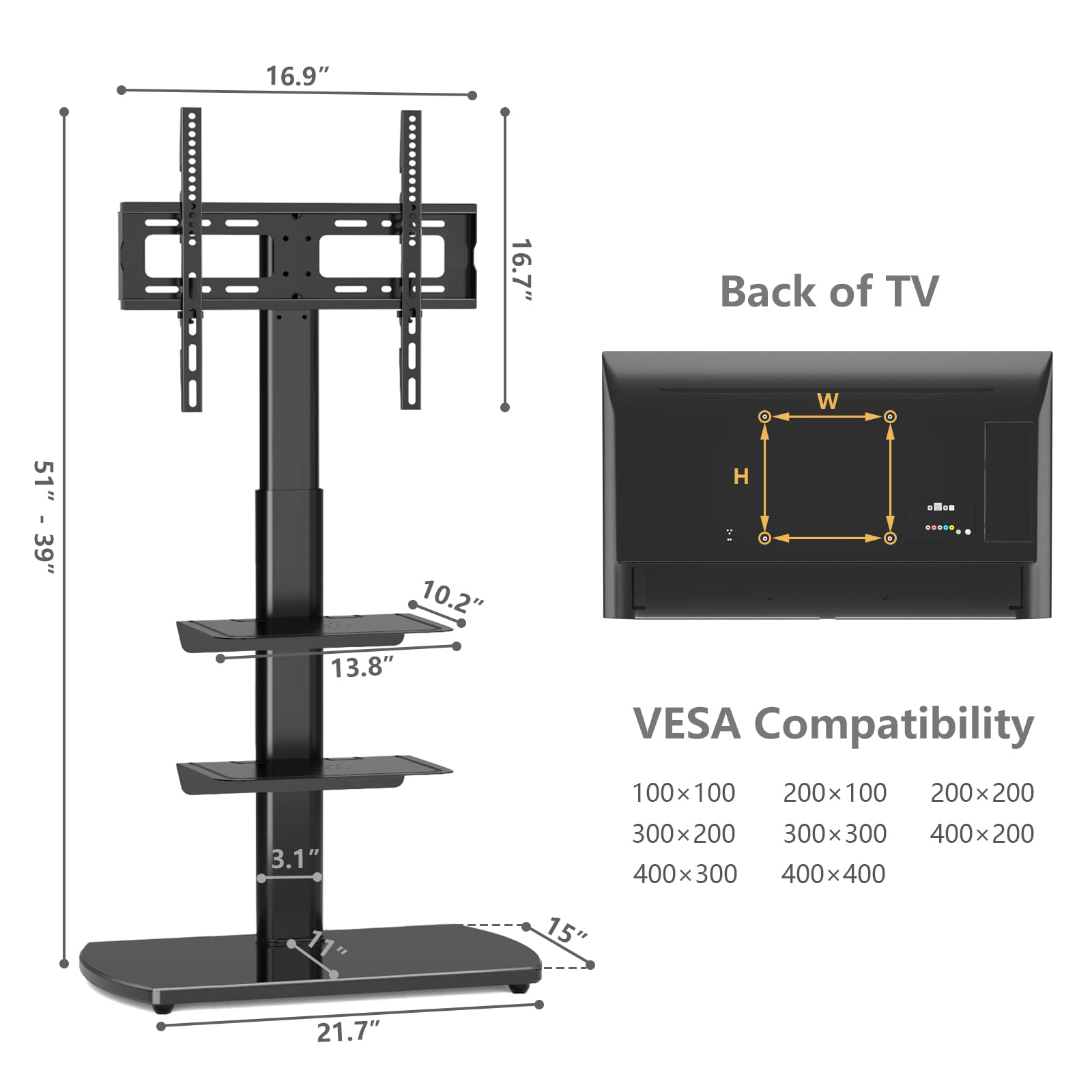 TVON Universal TV Floor Stand with Swivel Mount Height Adjustable for 32-65 Inch Flat or Curved Screen TVs, 3-Shelf Tempered Glass Base for Media Storage, Cable Management, VESA 400x400 mm