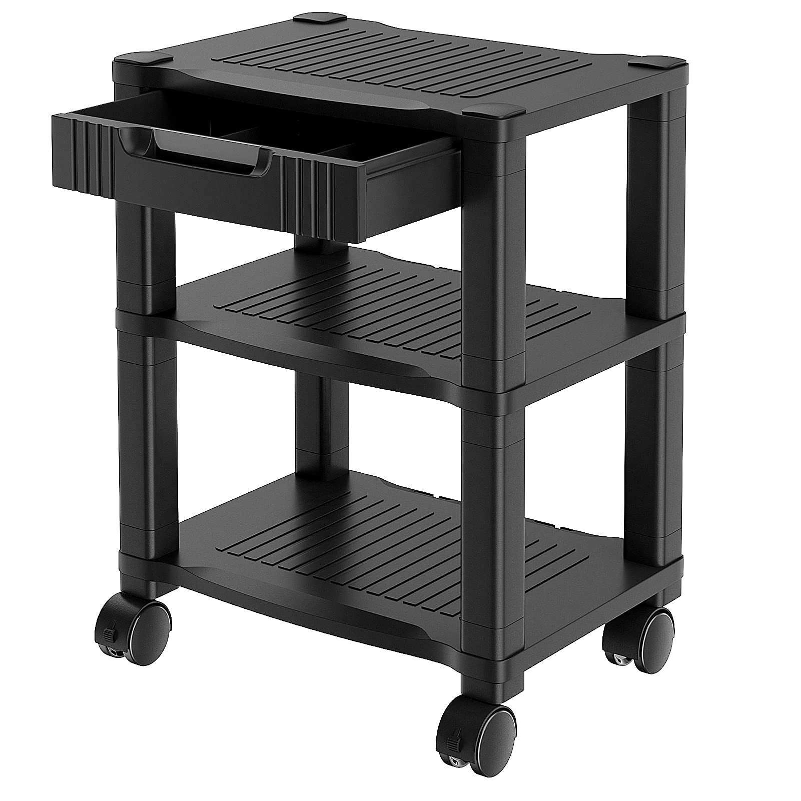 AMERIERGO 3-Tier Adjustable Printer Stand with Drawer, Swivel Wheels, and Storage Shelf, 44lbs Capacity