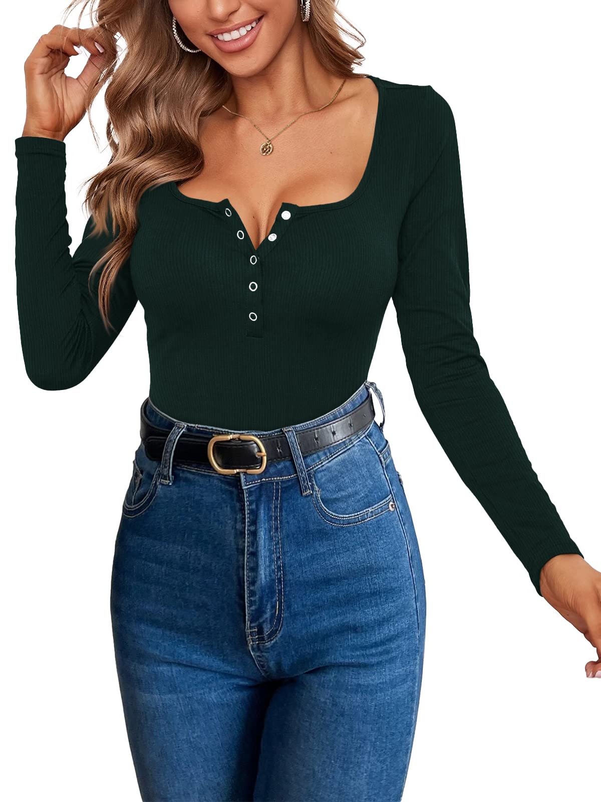 Women Long Sleeve Tops Scoop Neck Low Cut Slim Fitted Henley Shirt Sexy Basic Tee Shirts Tops Blackish Green