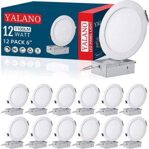 yalano 12 pack ultra-thin recessed lighting led 6 inch, ceiling light with junction box, 4000k cool white, 12w (110w equivalent), 5-100% dimmable recessed lights fixtures,1100lm high brightness - etl