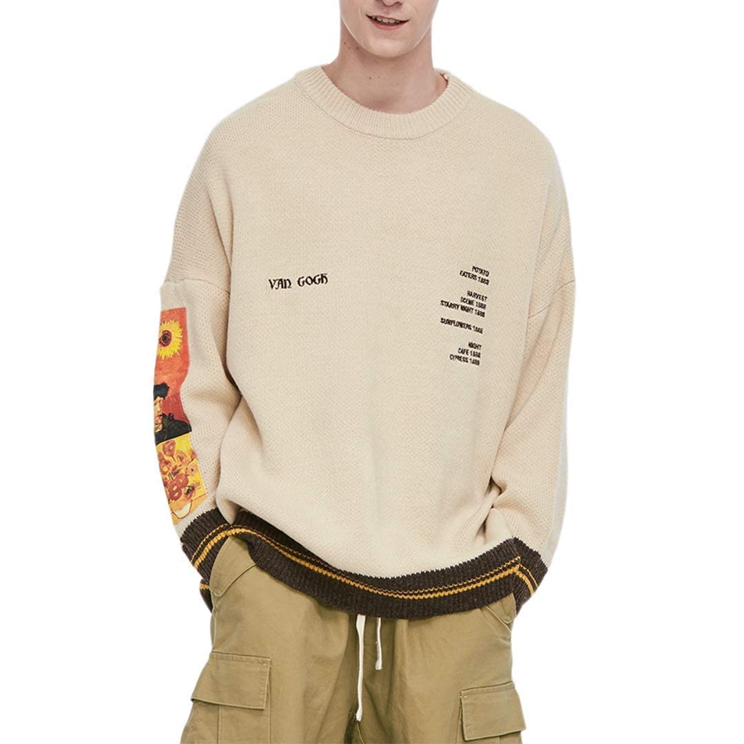 Aelfric Eden Van Gogh Sweater Oversized Pullover Sweater Cable Knit Sweater Men Graphic Sweater Beige