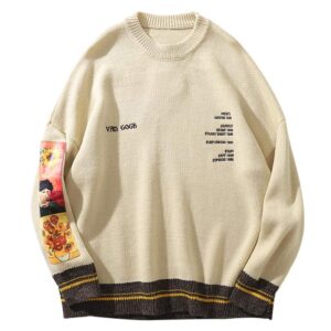 Aelfric Eden Van Gogh Sweater Oversized Pullover Sweater Cable Knit Sweater Men Graphic Sweater Beige