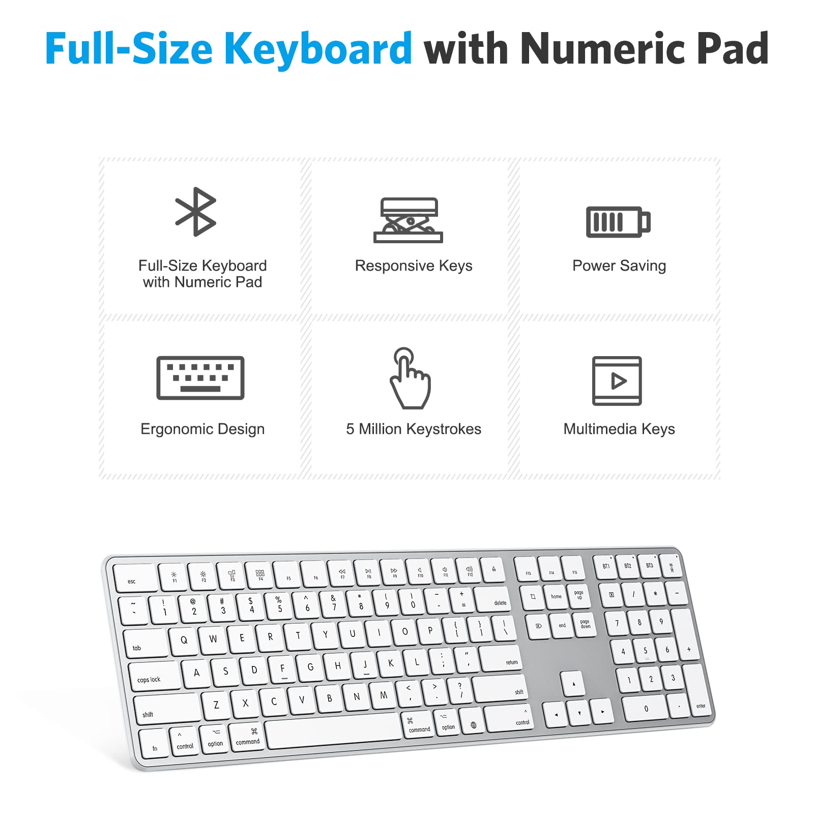 OMOTON Bluetooth Keyboard for Mac, Wireless Keyboard with Numeric Keypad, Multi-Device, Rechargeable, Compatible with MacBook Pro/Air, iMac, iMac Pro, Mac Mini, Mac Pro Laptop and PC (Silver)