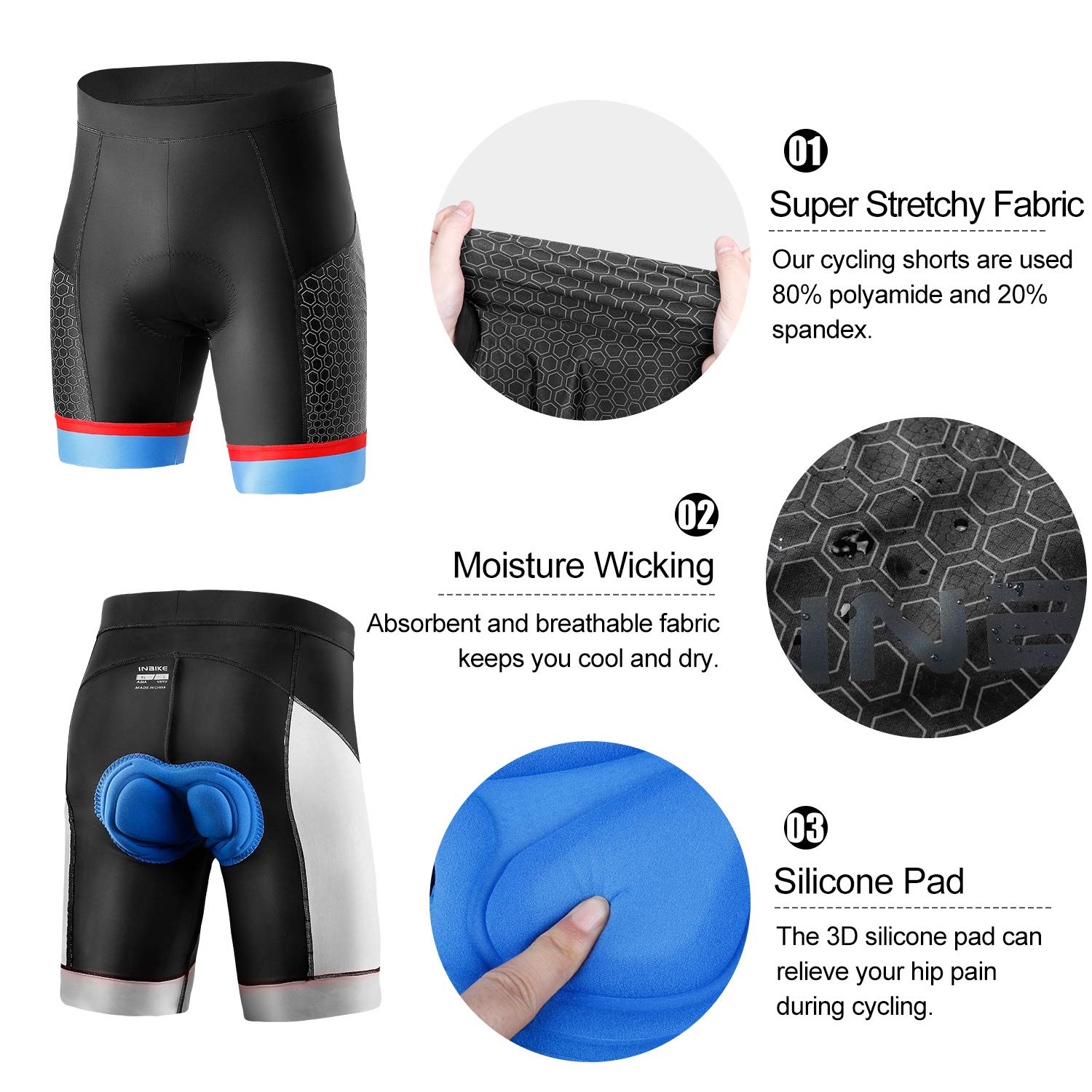 INBIKE Bike Shorts Men with Padding Bicycle Cycling Chamois Pants Tights 3D Padded Cycle Rider Biking Clothing Blue Large