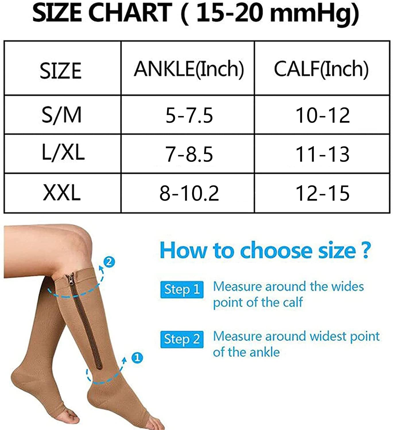 LighSele 2 Pairs Zipper Compression Socks 15-20 mmHg for Men Women, Open Toe