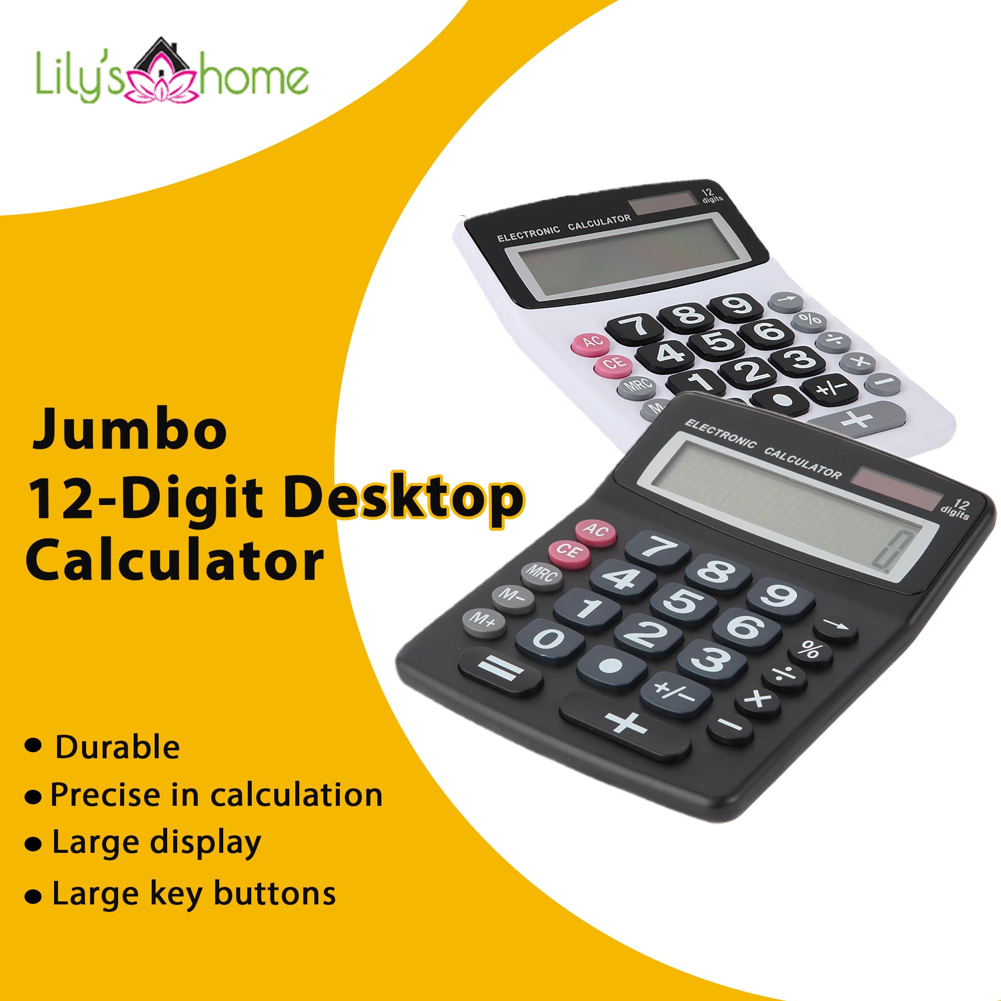 Lily' Home Jumbo 12 Digit with Solar Power, Large LCD Display - Desktop Calculator, Dual Power, Large Button Design, Battery Operation, Easy-to-Read Tilted, for Home, Office, School, Class & Business