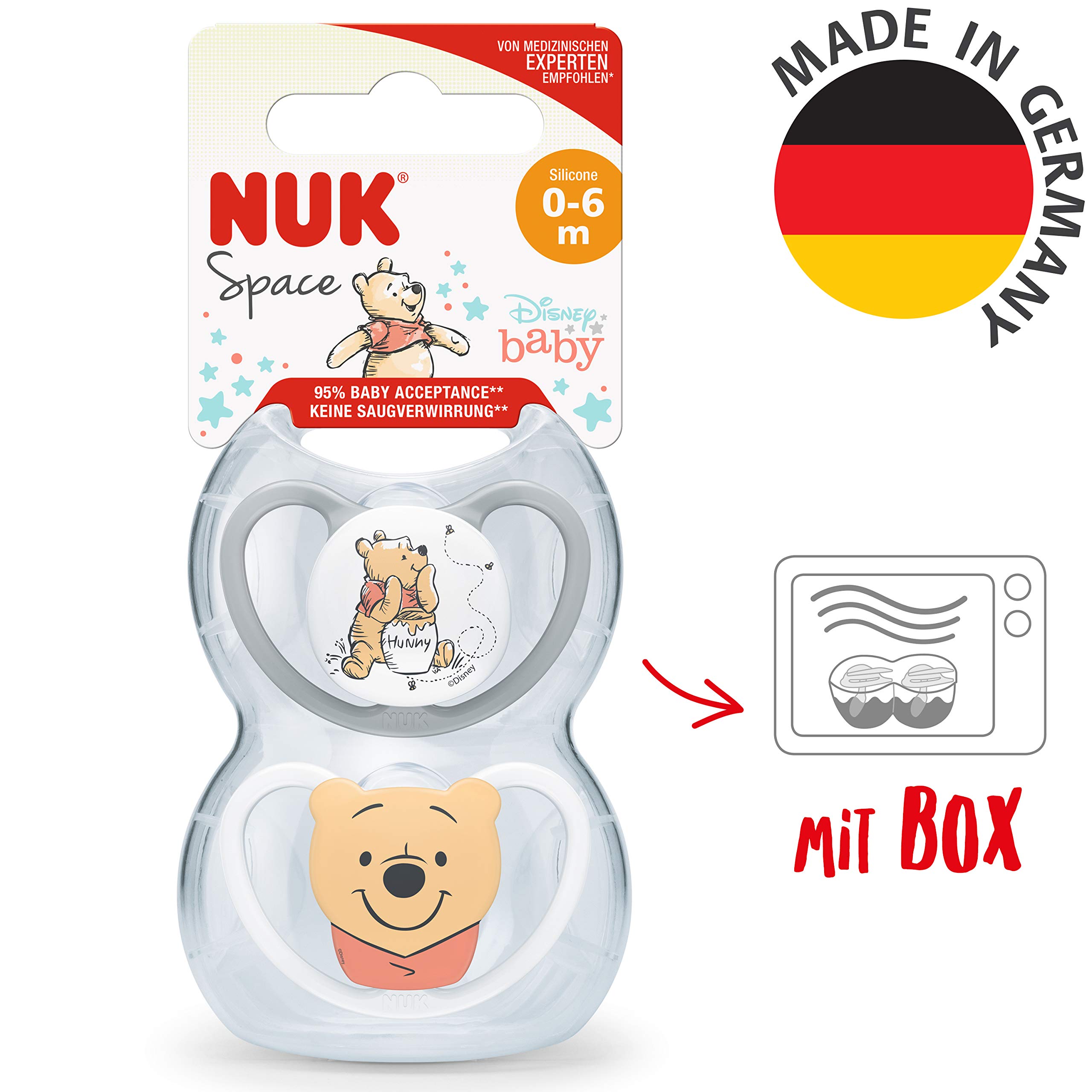 NUK Space Baby Dummy | 0-6 Months | Soothers with Extra Ventilation| BPA-Free Silicone | Disney Winnie The Pooh | 2 Count