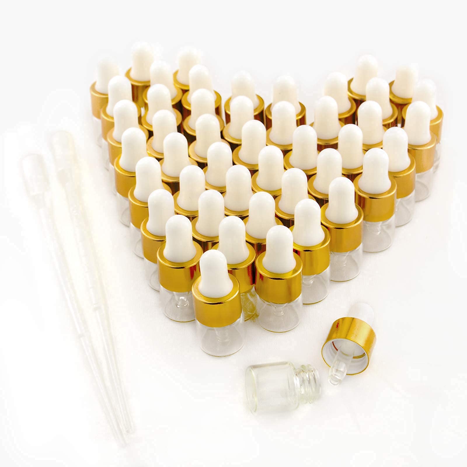 Easeen 50 Pcs Sample Dropper Bottles, 1ml Clear Mini Dropper Bottles with 2 Pcs Plastic Droppers for Traveling Essential Oils DIY Cosmetic Liquid Sample Perfume