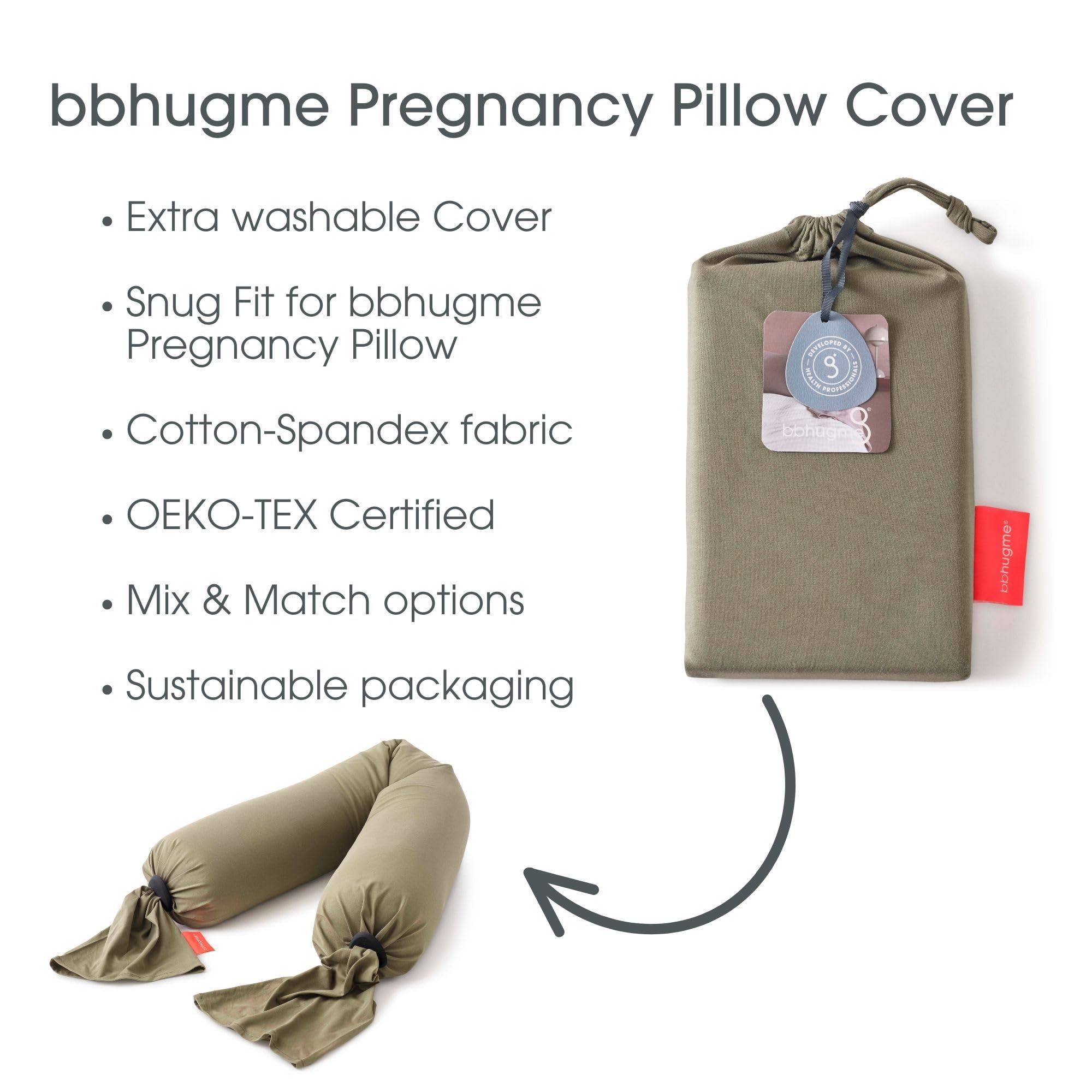 bbhugme Pregnancy Pillow Cover - Cotton Jersey Fabric - Fits Pregnancy Pillow for Side Sleeping - Cover Only, Pregnancy Pillow Sold Separately, Dusty Olive