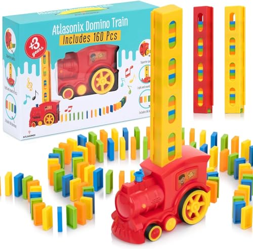 160 Domino Train Set Boys Girls Birthday Gift Toy Creative for Ages 3 4 5 6 7 8 9 10 Montessori Domino Machine Automatic Rally Setter auto Block Toys Experience Laying Stacker Game Colorful Tracks