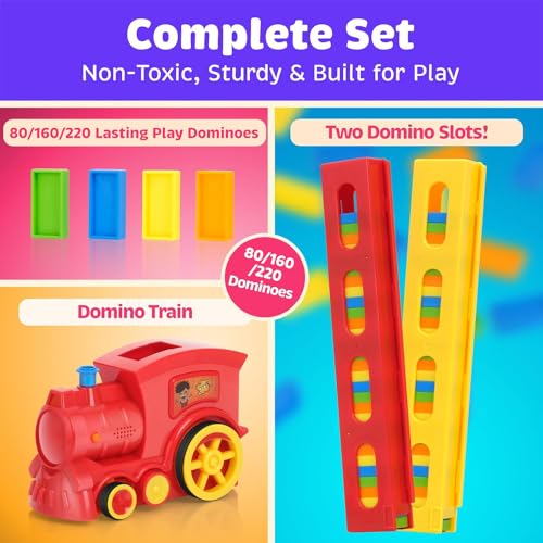 160 Domino Train Set Boys Girls Birthday Gift Toy Creative for Ages 3 4 5 6 7 8 9 10 Montessori Domino Machine Automatic Rally Setter auto Block Toys Experience Laying Stacker Game Colorful Tracks