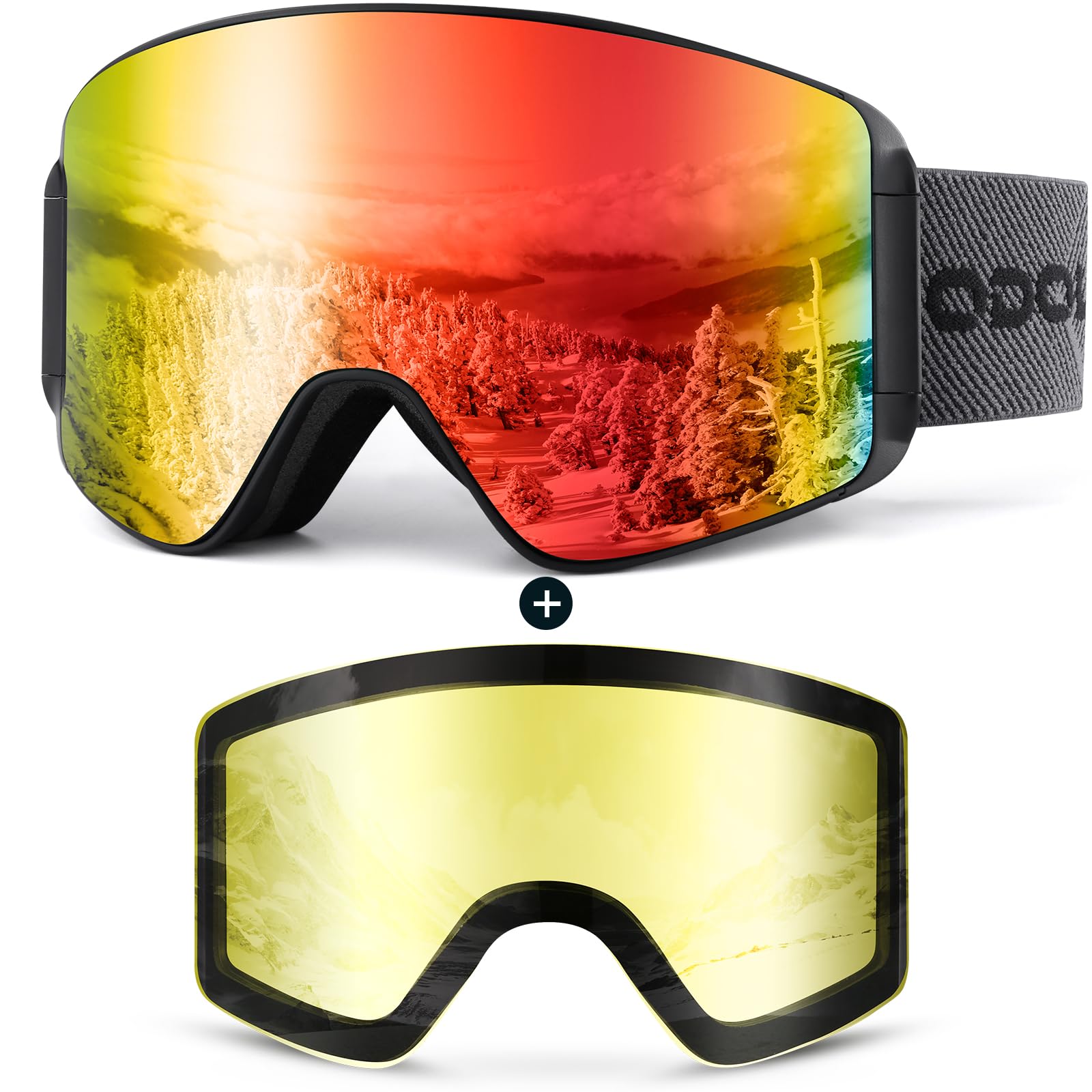 Odoland Ski Goggles Set with Detachable Lens, Frameless Interchangeable Lens, Anti-Fog UV Protection Snow Goggles for Men and Women, Helmet Compatible - Black Frame Sliver Lens vlt 15%