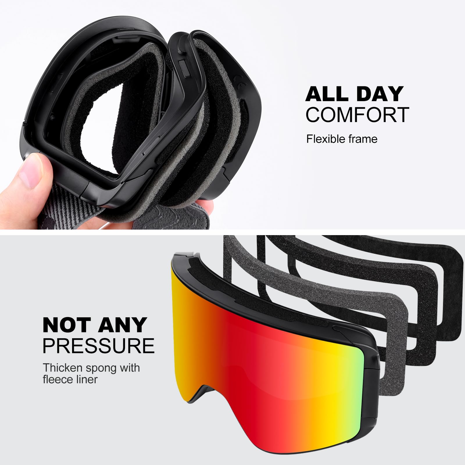 Odoland Ski Goggles Set with Detachable Lens, Frameless Interchangeable Lens, Anti-Fog UV Protection Snow Goggles for Men and Women, Helmet Compatible - Black Frame Sliver Lens vlt 15%