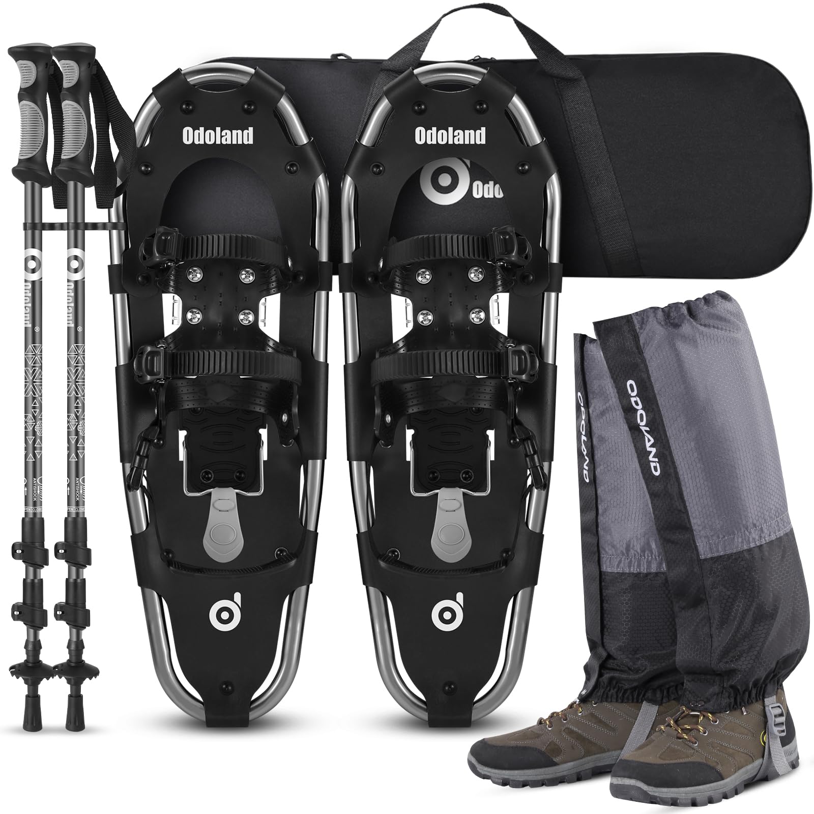 Odoland 4-in-1 Snowshoes Snow Shoes for Men and Women with Trekking Poles, Carrying Tote Bag and Waterproof Snow Leg Gaiters, Lightweight Snow Shoes Aluminum Alloy, Black, Size 30''