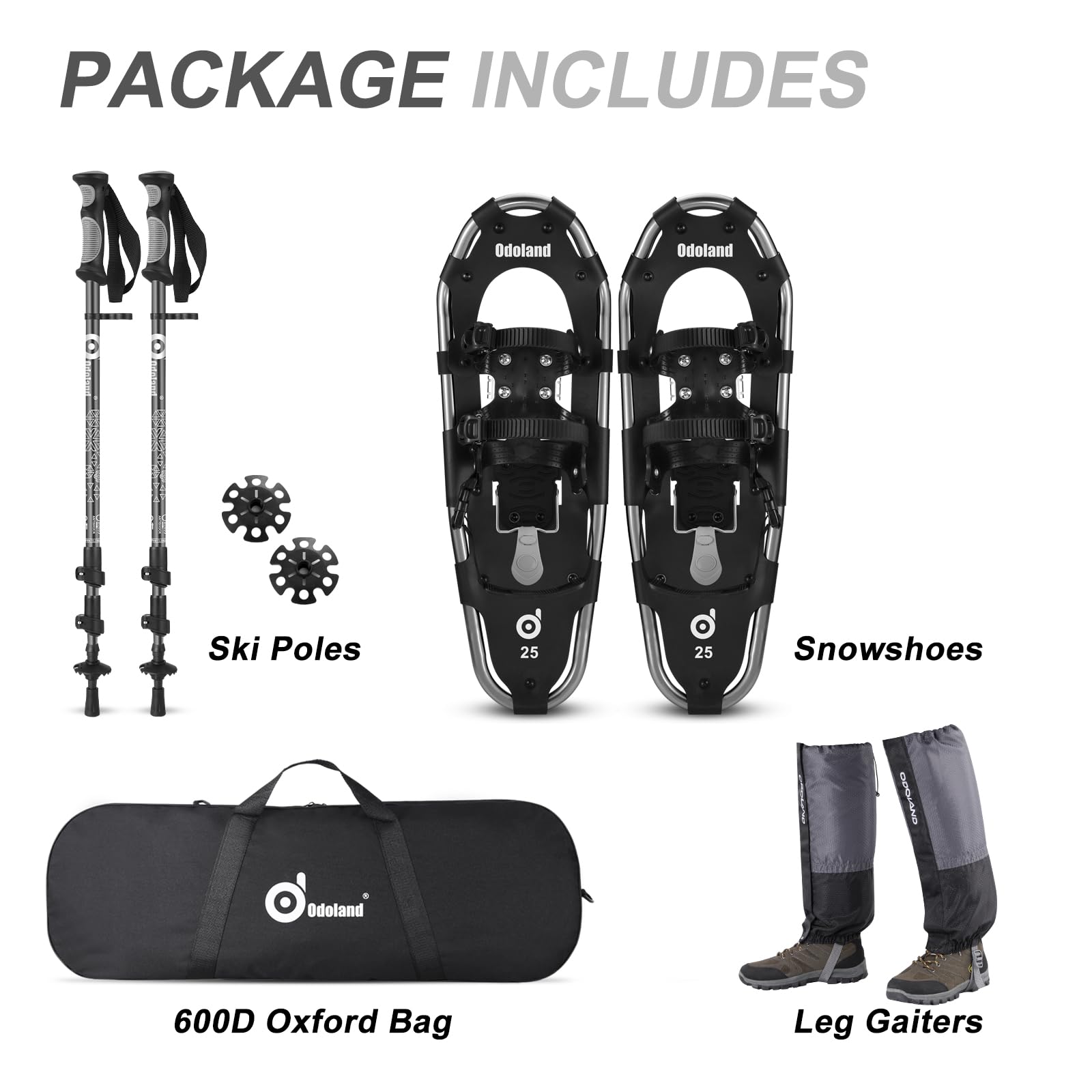 Odoland 4-in-1 Snowshoes Snow Shoes for Men and Women with Trekking Poles, Carrying Tote Bag and Waterproof Snow Leg Gaiters, Lightweight Snow Shoes Aluminum Alloy, Black, Size 30''