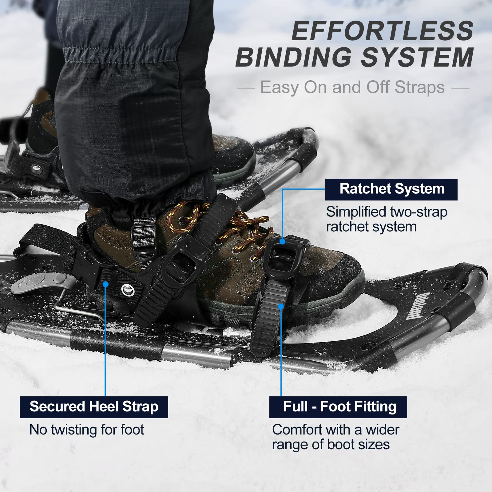 Odoland 4-in-1 Snowshoes Snow Shoes for Men and Women with Trekking Poles, Carrying Tote Bag and Waterproof Snow Leg Gaiters, Lightweight Snow Shoes Aluminum Alloy, Black, Size 30''