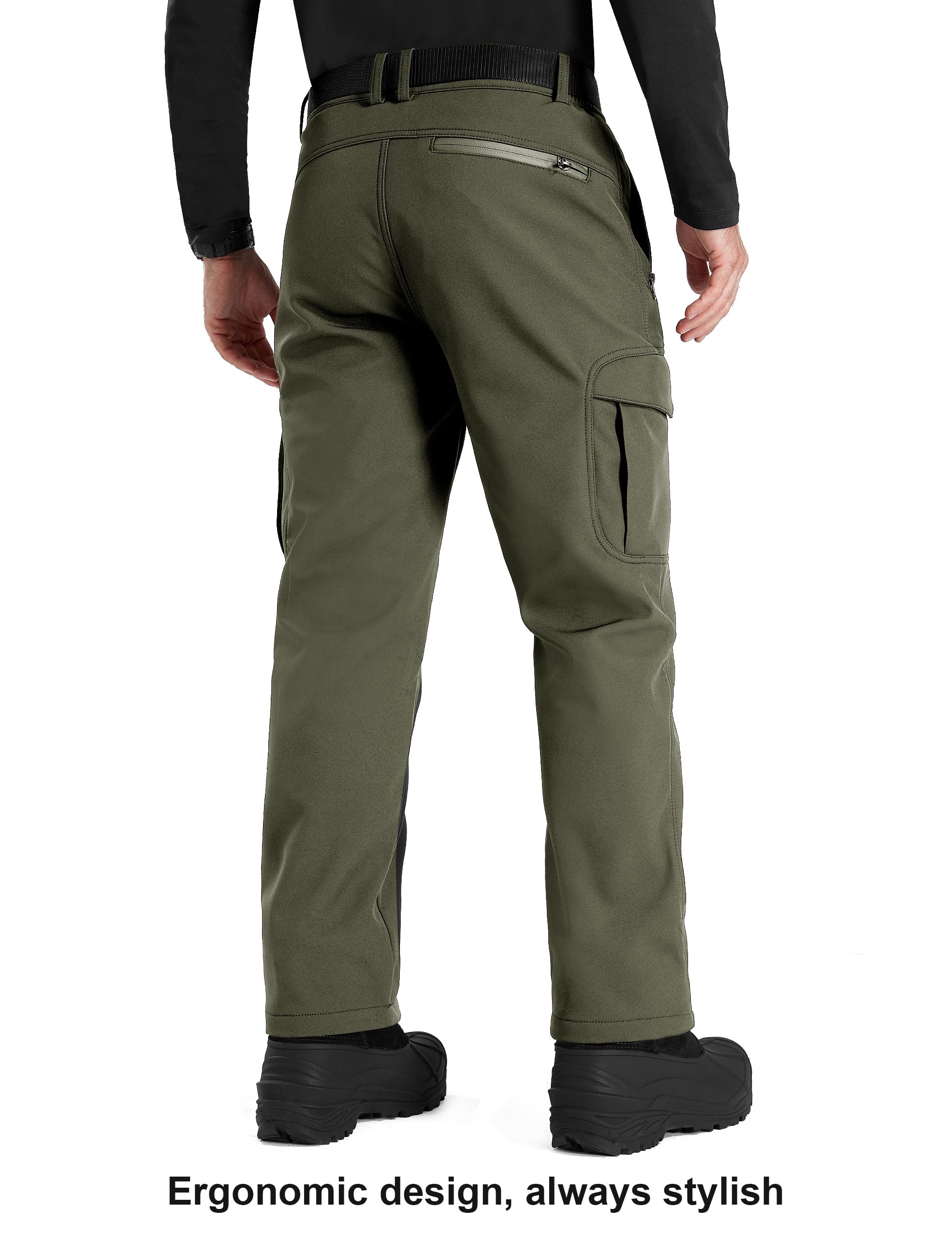 FREE SOLDIER Men's Outdoor Softshell Fleece Lined Cargo Pants Snow Ski Hiking Pants with Belt (Army Green 32W x 32L)