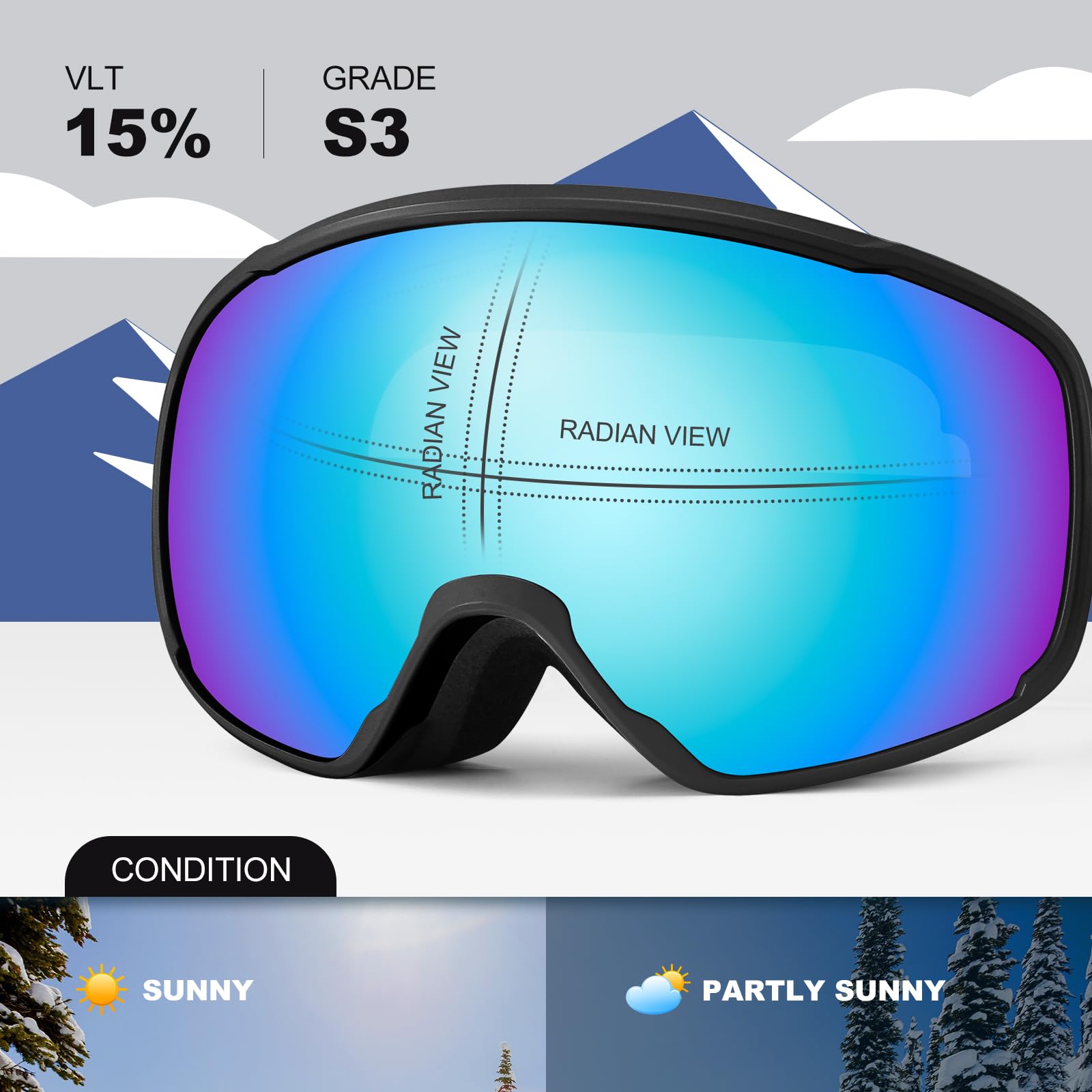 Odoland Kids Ski Goggles, Snowboard Goggles for Youth Skiing Age 8-16, Snow Goggles S2 Double Lens Anti-Fog UV400 Protection, Black Frame Blue Lens vlt 15%