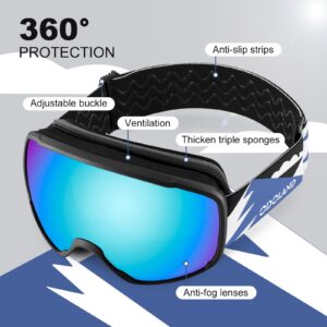 Odoland Kids Ski Goggles, Snowboard Goggles for Youth Skiing Age 8-16, Snow Goggles S2 Double Lens Anti-Fog UV400 Protection, Black Frame Blue Lens vlt 15%