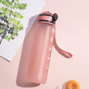 GOSWAG 32 oz Water Bottle with Straw & Time Marker, Leakproof BPA Free, Drinking Water Bottle with Hours, Carry Strap, Fits in The Cup, Backpack, Increase Water Intake of All-Day (Lotus)