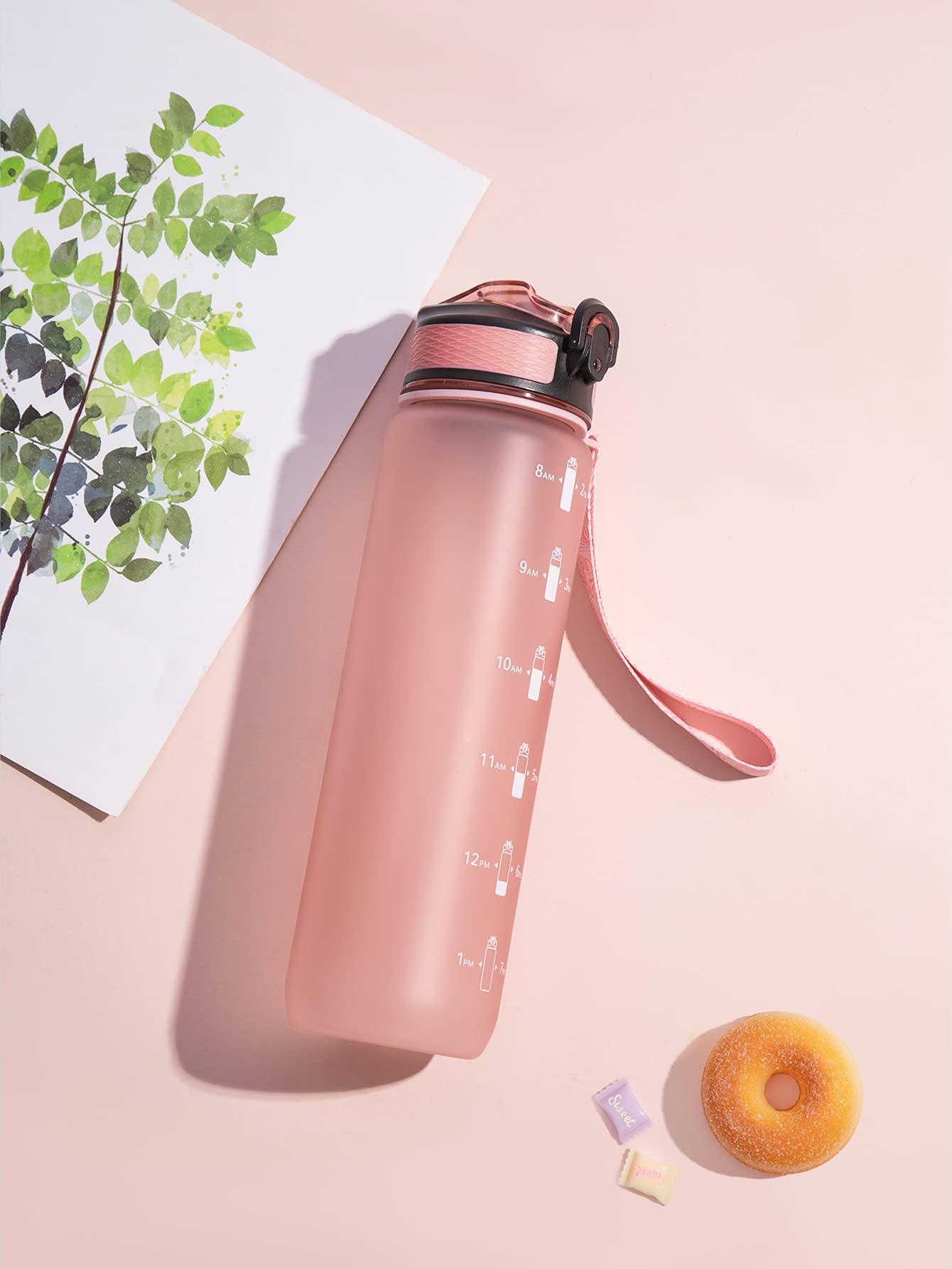 GOSWAG 32 oz Water Bottle with Straw & Time Marker, Leakproof BPA Free, Drinking Water Bottle with Hours, Carry Strap, Fits in The Cup, Backpack, Increase Water Intake of All-Day (Lotus)