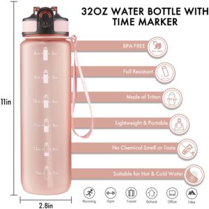 GOSWAG 32 oz Water Bottle with Straw & Time Marker, Leakproof BPA Free, Drinking Water Bottle with Hours, Carry Strap, Fits in The Cup, Backpack, Increase Water Intake of All-Day (Lotus)