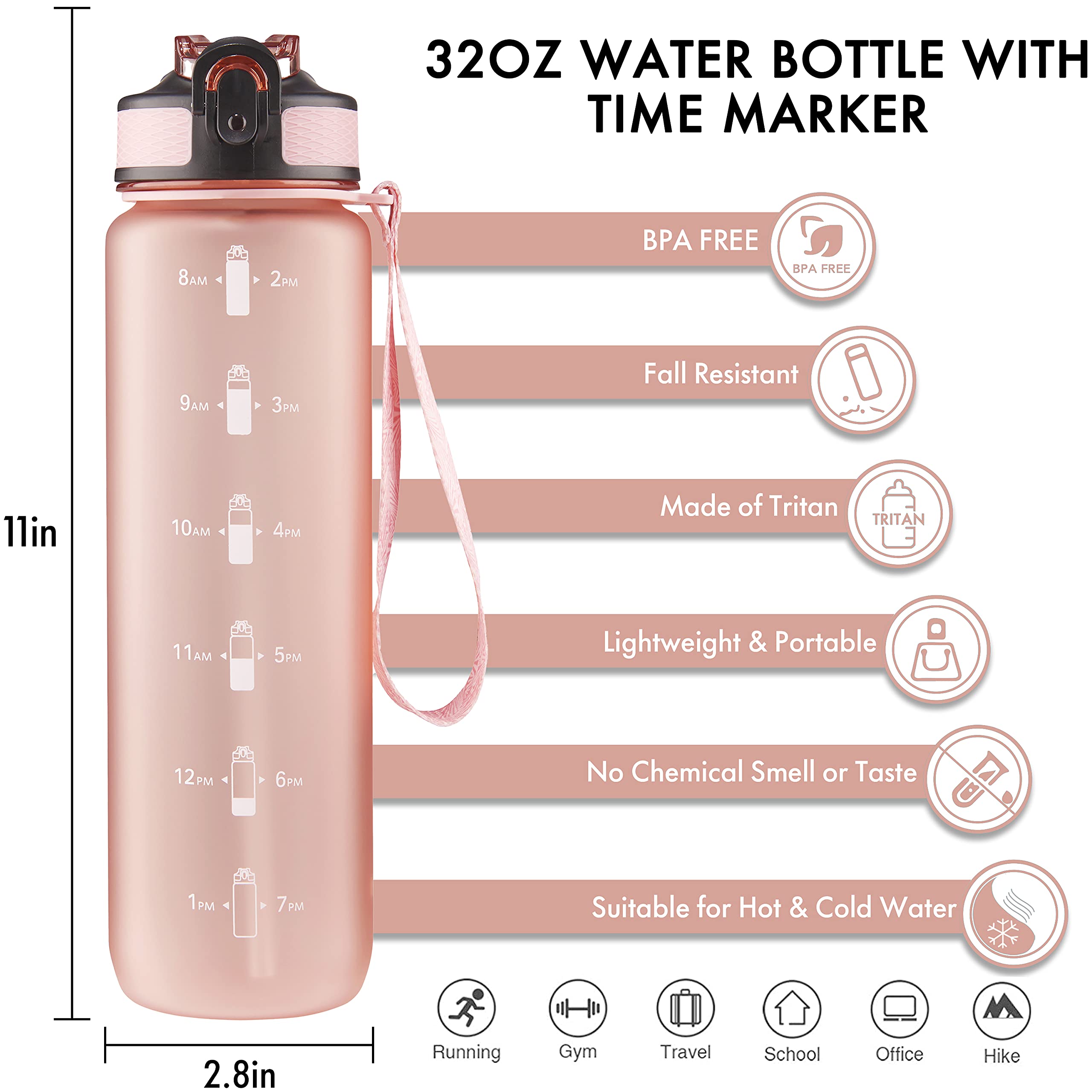 GOSWAG 32 oz Water Bottle with Straw & Time Marker, Leakproof BPA Free, Drinking Water Bottle with Hours, Carry Strap, Fits in The Cup, Backpack, Increase Water Intake of All-Day (Lotus)