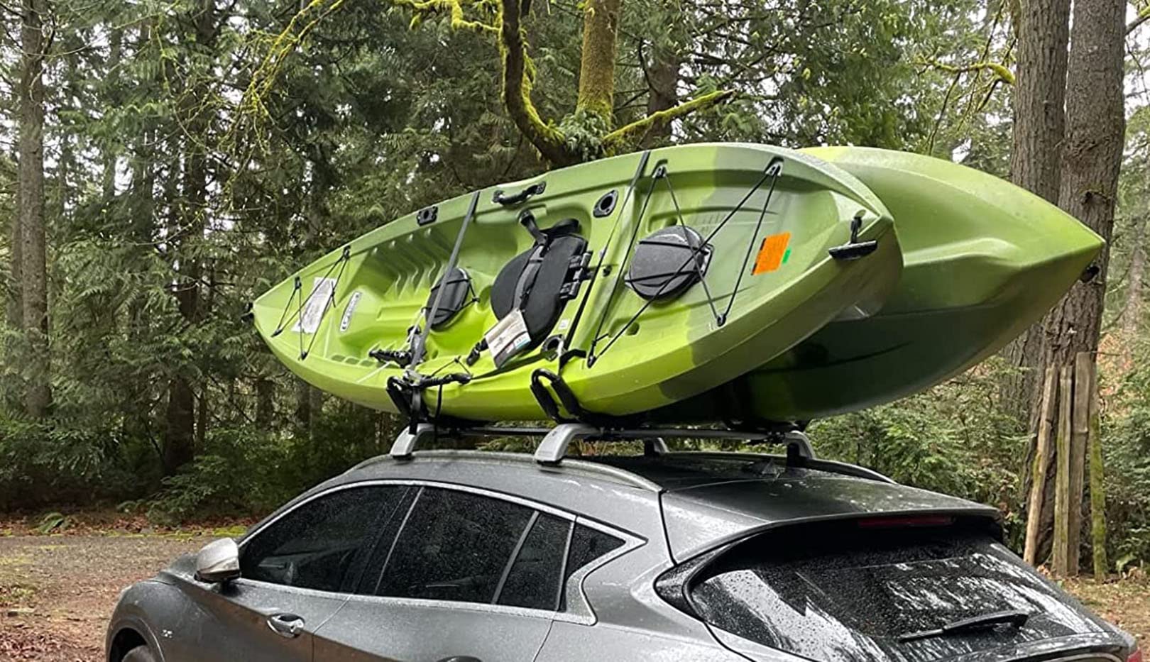 2 Pairs Kayak Rack J-Bar Car Roof Rack for Canoe Carrier SUP Paddle Surfboard Mount on Car SUV and Truck Crossbar， Includes 4 Pcs Roof Rack Tie Down Cam Straps.