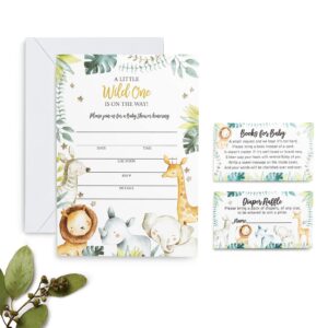 25 safari jungle baby shower invitations (large size 5x7 inches), diaper raffle tickets, baby shower book request cards with envelopes greenery jungle animal invites for boy baby showers