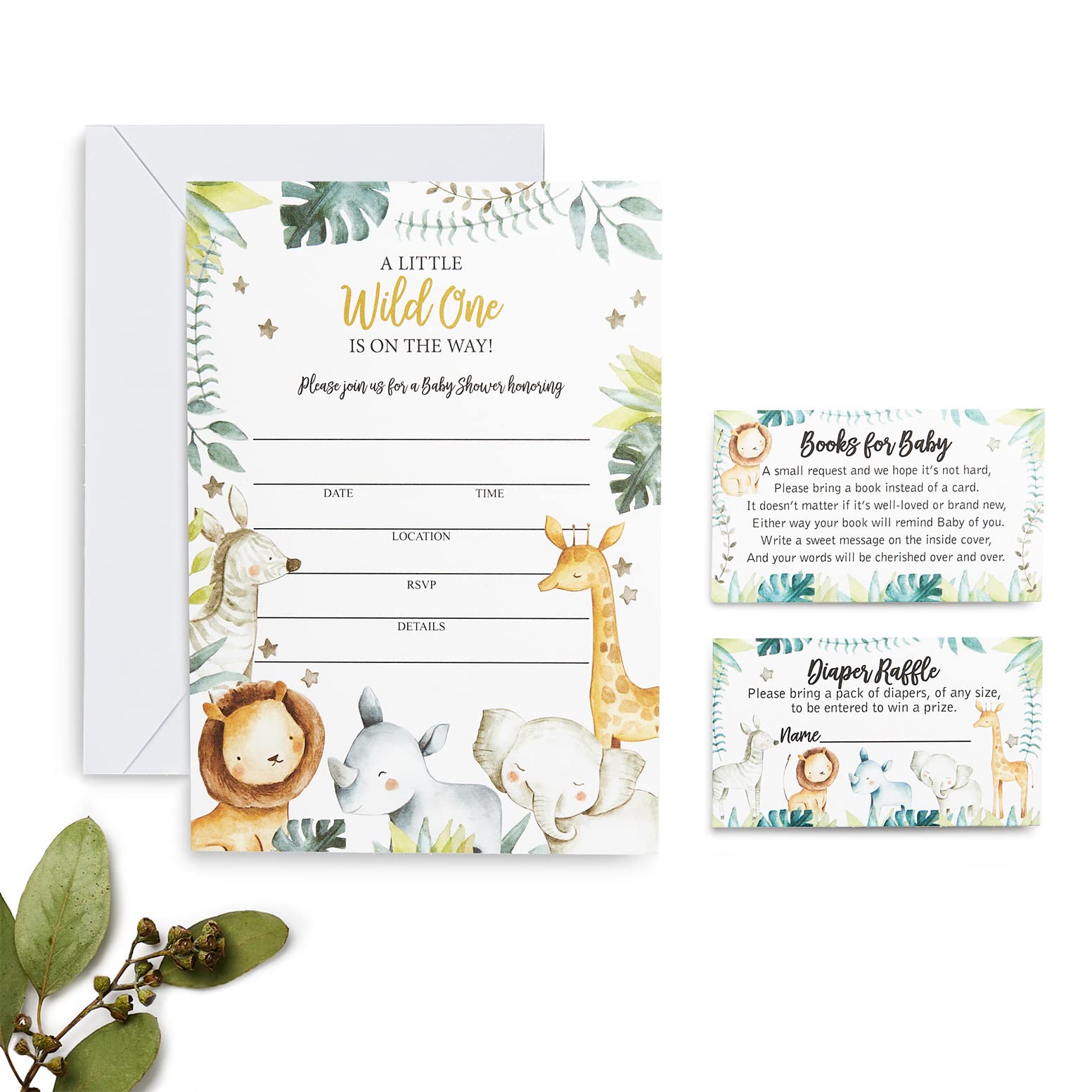 25 Safari Jungle Baby Shower Invitations (LARGE SIZE 5X7 INCHES), Diaper Raffle Tickets, Baby Shower Book Request Cards with Envelopes Greenery Jungle Animal Invites for Boy Baby Showers