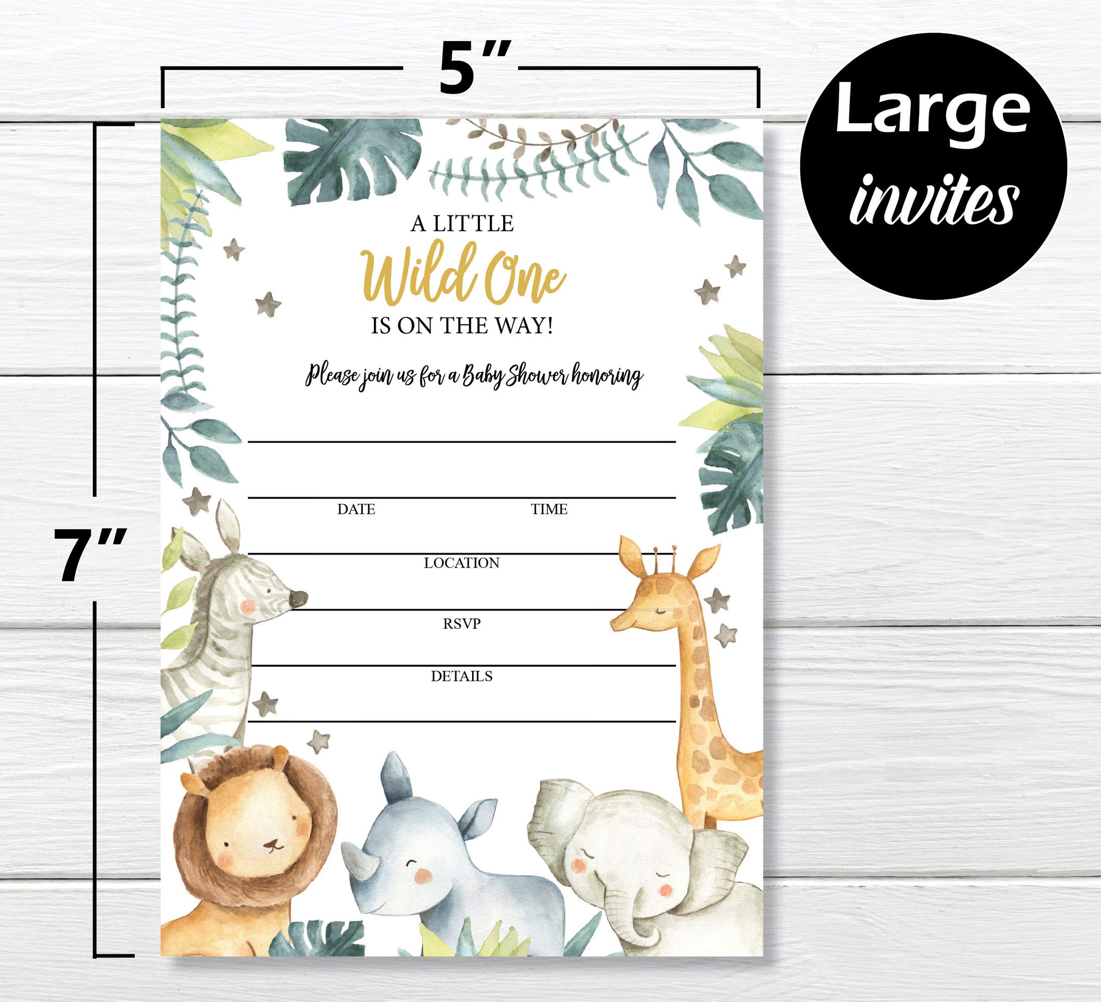 25 Safari Jungle Baby Shower Invitations (LARGE SIZE 5X7 INCHES), Diaper Raffle Tickets, Baby Shower Book Request Cards with Envelopes Greenery Jungle Animal Invites for Boy Baby Showers