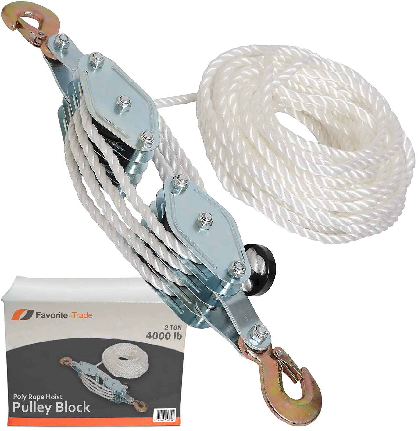 Favorite-trade Poly Rope Hoist Pulley Block, 4000 LB 2 Ton 65 Feet of 3/8 “, 7:1 Lifting Power, Pulley Hoist For Lift Furniture, Motorcycles, Bicycles