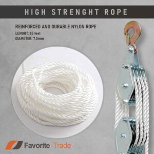 Favorite-trade Poly Rope Hoist Pulley Block, 4000 LB 2 Ton 65 Feet of 3/8 “, 7:1 Lifting Power, Pulley Hoist For Lift Furniture, Motorcycles, Bicycles