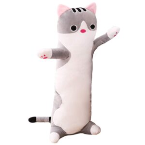 jensquaify long cat plush pillow, cat stuffed animals body pillow cute kitten plush hugging pillow toy gifts for kids (gray, 19.68 inch)