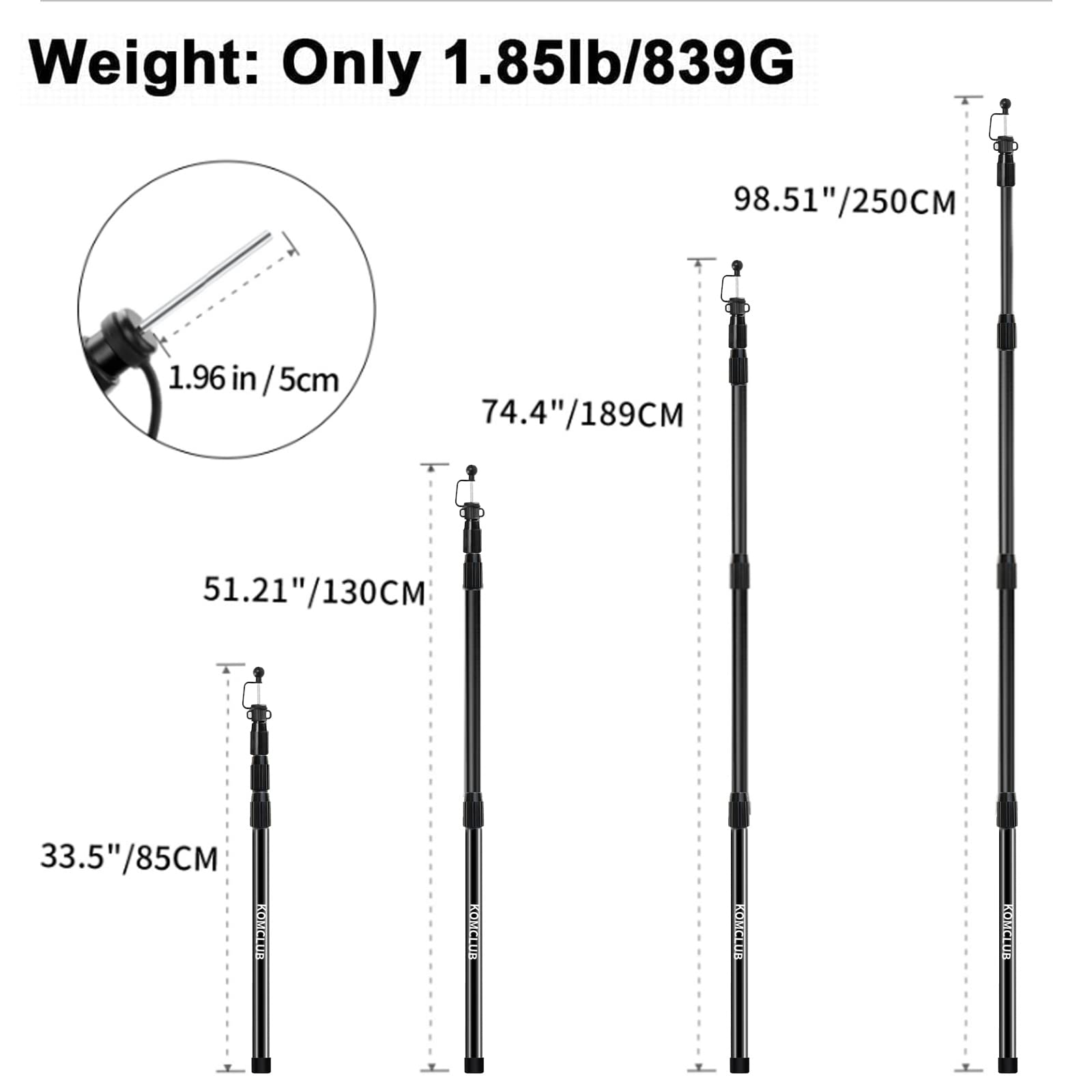 KOMCLUB Telescoping Tarp Poles Adjustable Tent Poles for Tarp Heavy-Duty Design Portable & Lightweight Fiberglass Tent Poles for Shelter Camping Awning 4 Sections Adjustable to 98.51 in(Set of 2)