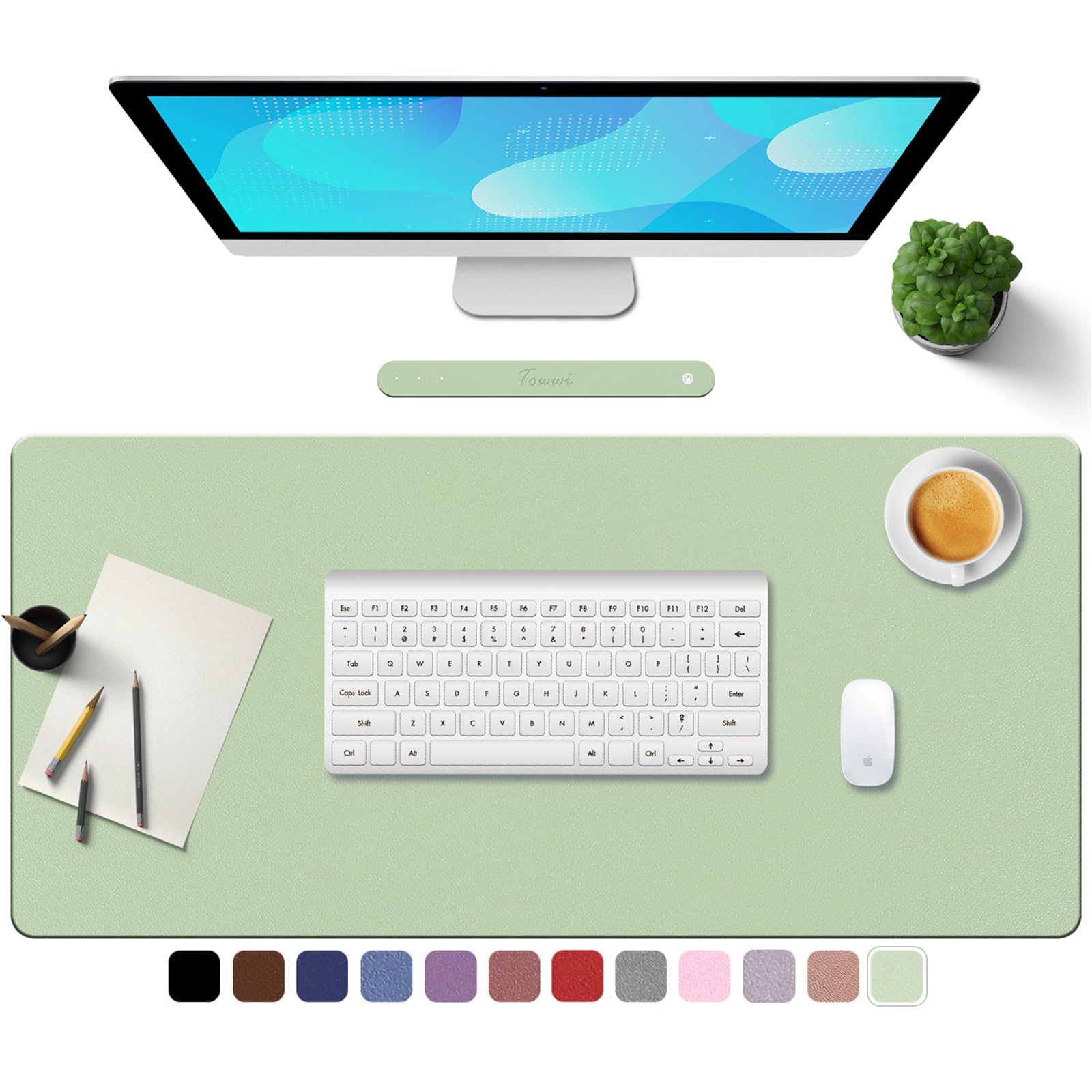 TOWWI PU Leather Desk Pad with Suede Base, Multi-Color Non-Slip Mouse Pad, 32” x 16” Waterproof Desk Writing Mat, Large Desk Blotter Protector (Light Green)