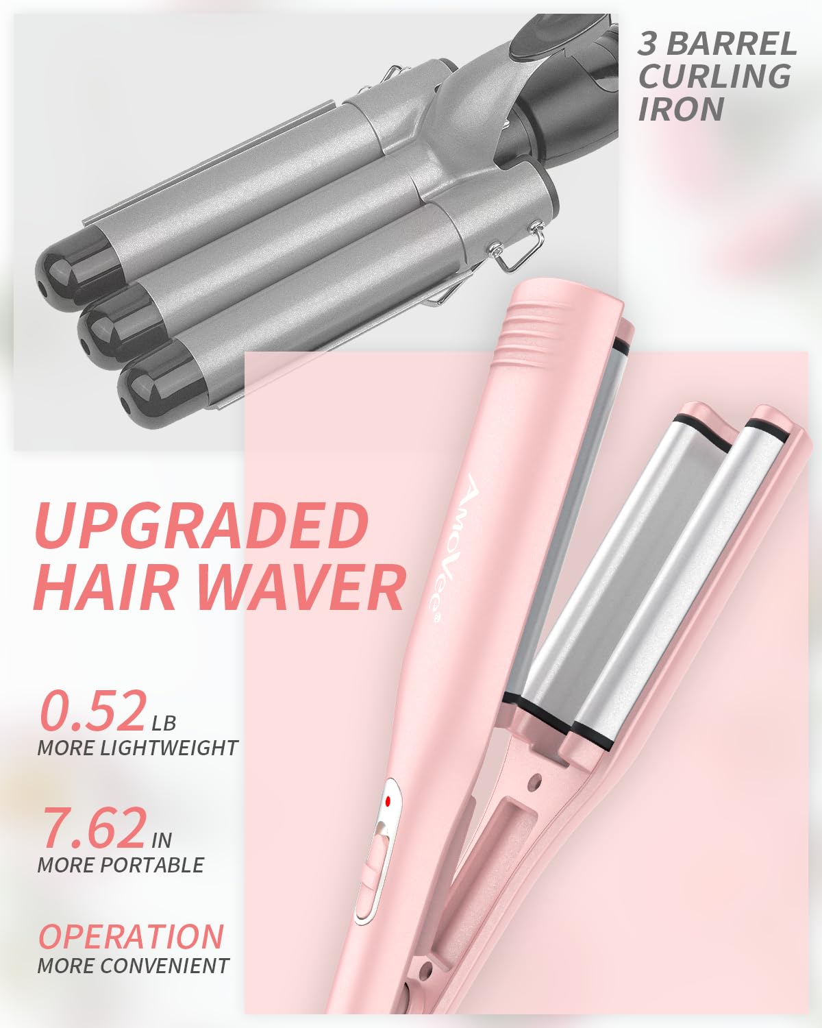 AmoVee Travel Hair Crimper Curling Iron, Professional Mini Hair Waver 0.59 Inch Three Barrel Curling Iron, Hair Crimper Small Negative Ions, Dual Voltage