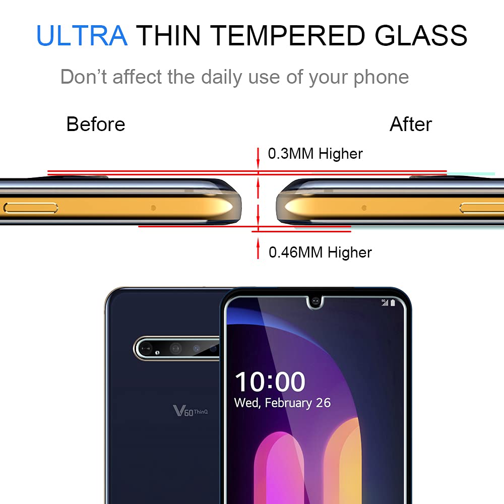 HATOSHI 3 Pack Glass Screen Protector for LG V60 ThinQ 5G with 3 Pack Camera Lens Protector, [HD Tempered Glass Film], Easy Installation Bubble Free, Case Friendly 9H Protective Glass for LG V60 ThinQ