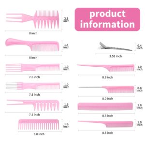 Vebiys Magic 10 piece professional styling comb set - Anti Static Coarse Fine Toothed Pick Combs - hair styles for women, men, girls, and boys - Suitable for stylist (Pink)