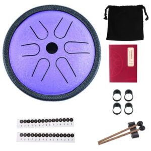 yahpetes worry-free drum 5.5 inch steel tongue drum 6 notes musical instruments hand drums with handpan drum with 1 pair mallets and storage drum bag note sticks (purple)