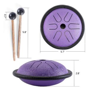 Yahpetes Worry-free Drum 5.5 Inch Steel Tongue Drum 6 Notes Musical Instruments Hand Drums with Handpan Drum with 1 Pair Mallets and Storage Drum Bag Note Sticks (Purple)