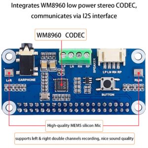 Audio HAT Module for Raspberry Pi 4B/3B+/3B/2B/B+/A+/Zero/Zero W/Pi Zero WH,WM8960 Hi-Fi Sound Card HAT Stereo CODEC, Play/Record