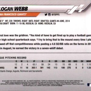 2020 Topps Series 2 Baseball #514 Logan Webb RC Rookie San Francisco Giants Official MLB Trading Card