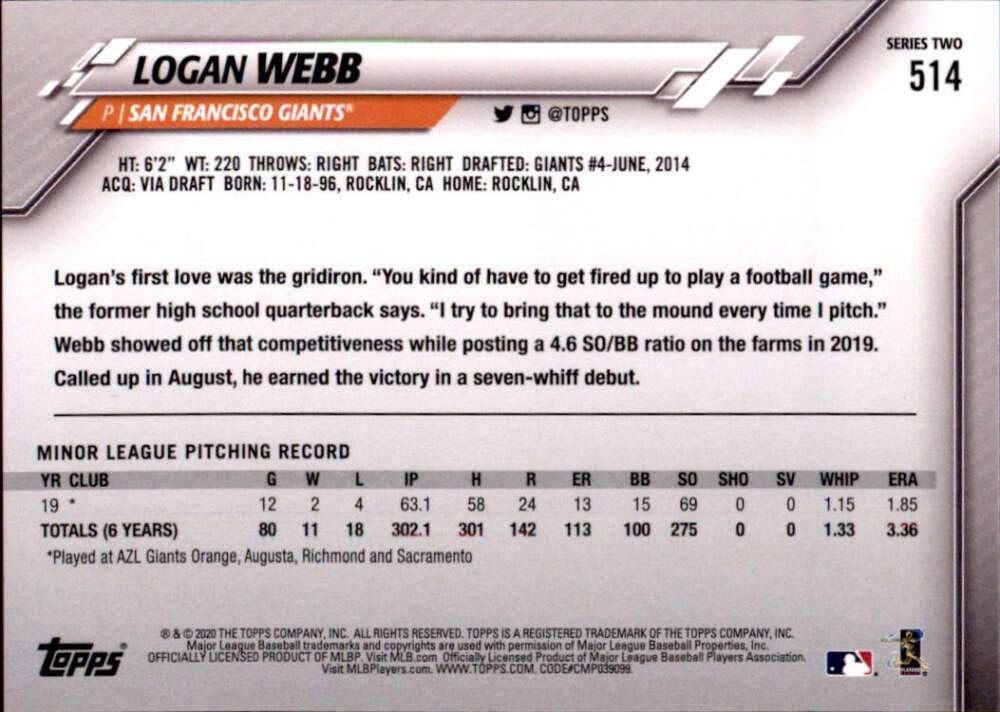 2020 Topps Series 2 Baseball #514 Logan Webb RC Rookie San Francisco Giants Official MLB Trading Card