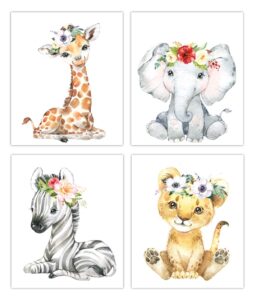 designs by maria inc set of 4 unframed flower crown watercolor animal print pictures | baby nursery decor | zoo animals pictures | safari room decor for babies | nursery art safari wall decor (8"x10")