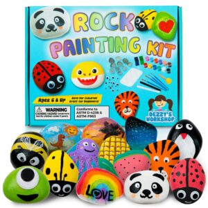 dezzy's workshop rock painting kit for kids - arts & crafts supplies set for girls & boys ages 6-12 - educational art supplies for painting rocks, fun toys & games ideas - arts and crafts for kids